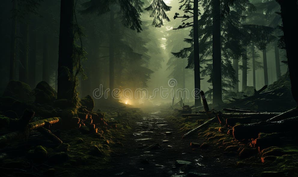 Illuminated Trees in Dark Forest Stock Photo - Image of sunlight ...