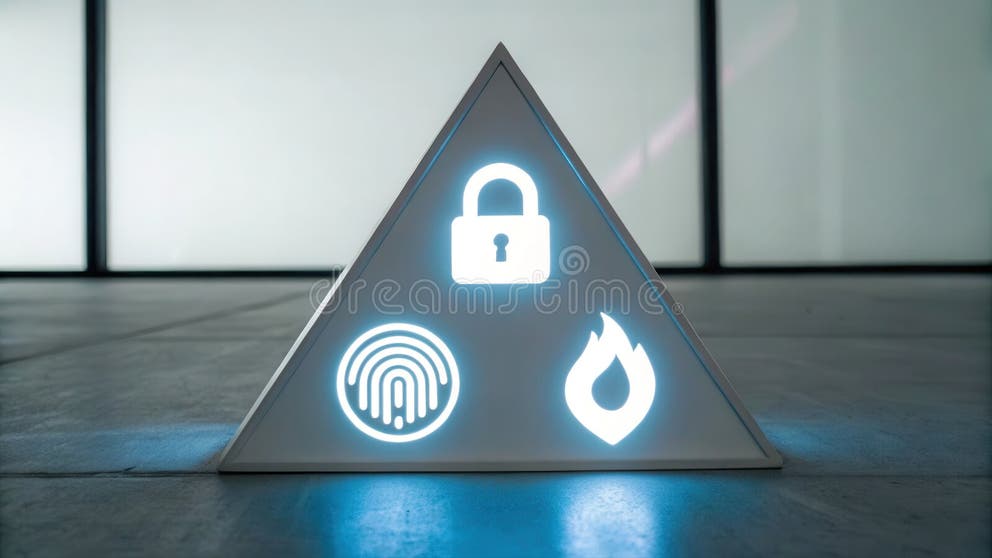 Illuminated Triangle Sign Displays Security Icons Including Lock Stock ...