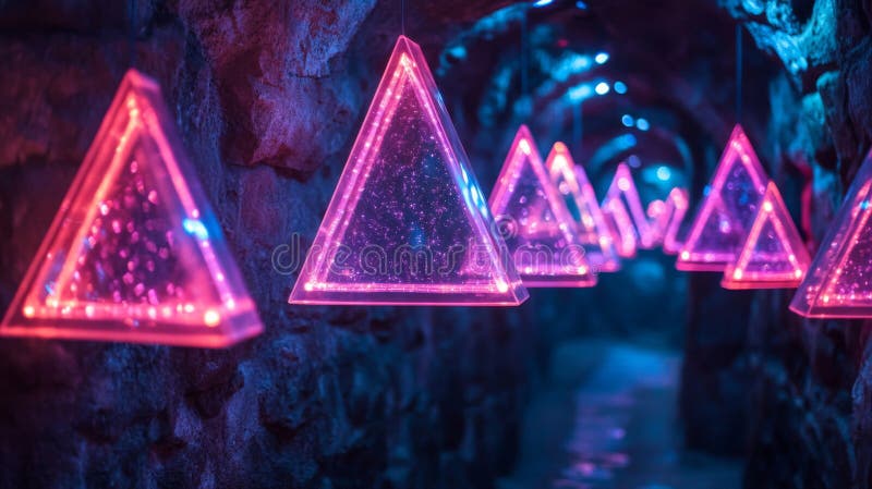 Illuminated Triangular Light Installation in Tunnel Stock Illustration ...