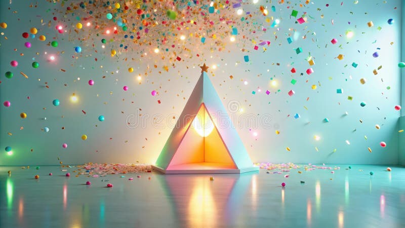 Illuminated Triangular Structure Amidst Falling Confetti and Glowing ...