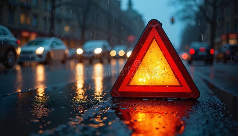Illuminated Triangular Warning Sign in Rainy City Street, Concept of ...