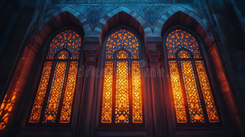 Illuminated Triple Arch Stained Glass Windows Stock Illustration ...