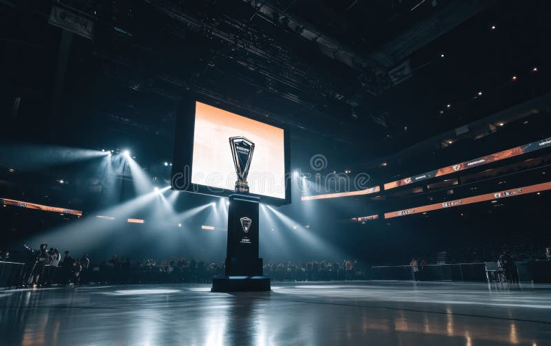 Illuminated Trophy on Stage in Dark Arena Stock Illustration ...