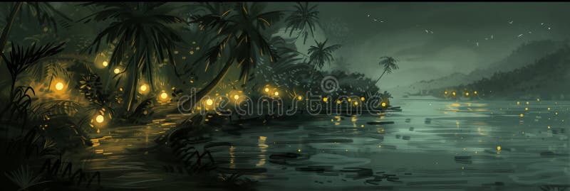 Illuminated Tropical Beach with Lanterns and Starry Night Sky Banner ...