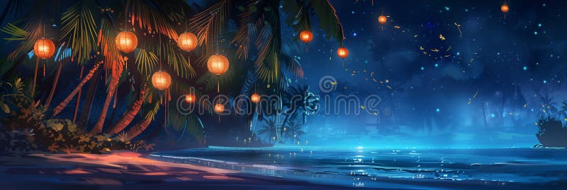 Illuminated Tropical Beach with Lanterns and Starry Night Sky Banner ...