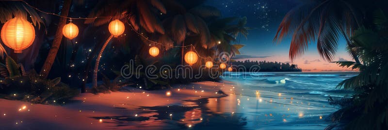 Illuminated Tropical Beach with Lanterns and Starry Night Sky Banner ...