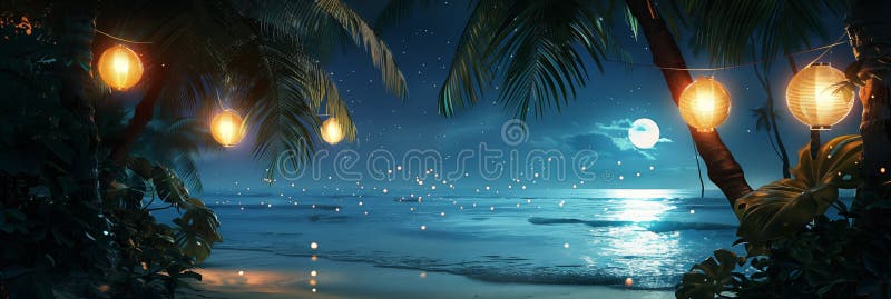 Illuminated Tropical Beach with Lanterns and Starry Night Sky Banner ...