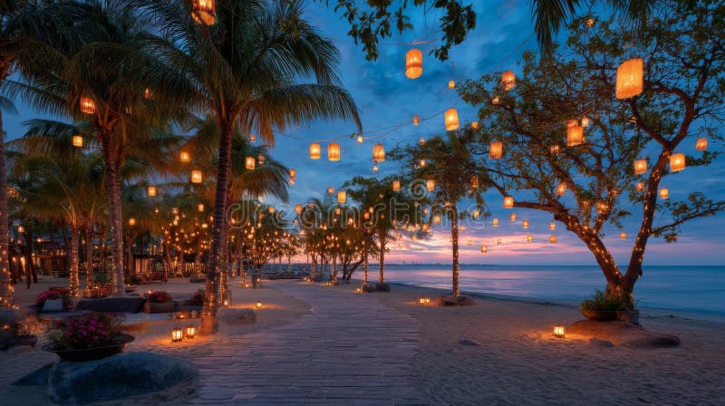 Illuminated Tropical Beach Path at Sunset Stock Illustration ...