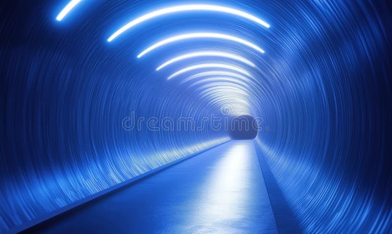 Illuminated Tunnel with Blue Neon Lights, Smooth Surface, Futuristic ...