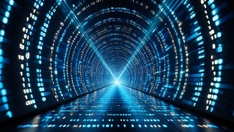 Abstract Blue Tunnel of Binary Code Leading To a Bright Light of ...