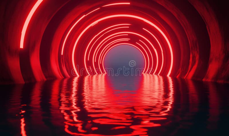 Illuminated Tunnel Red Neon Lights Reflecting Water Surface Stock ...