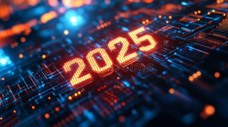 Illuminated Two Thousand Twenty Five on Circuit Board Stock ...