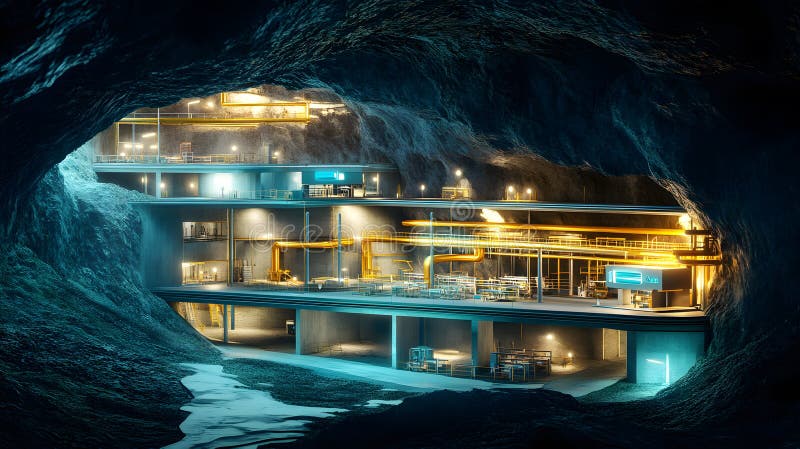 Illuminated Underground Facility within a Dark Cave Stock Illustration ...