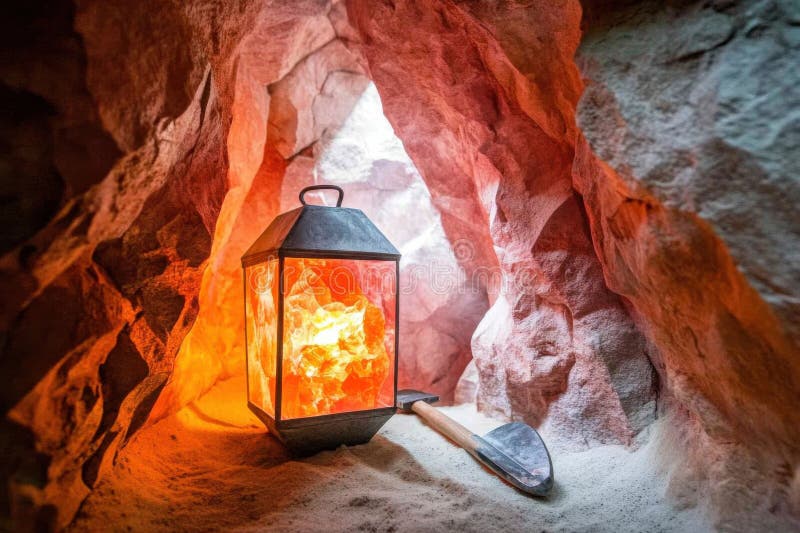Illuminated Underground Tunnel with Amber Rocks and Mining Tools Stock ...
