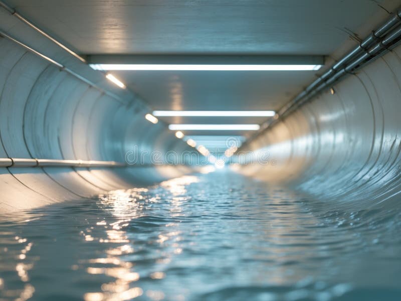 Illuminated Underground Tunnel with Flowing Water in Urban ...