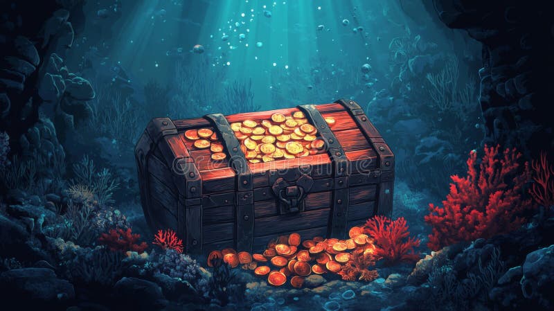 Illuminated Underwater Treasure Chest Stock Illustration - Illustration ...