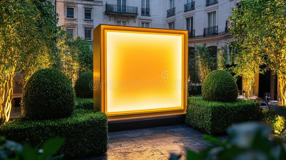 Illuminated Urban Lightbox Display Surrounded by Topiary Trees at Dusk ...