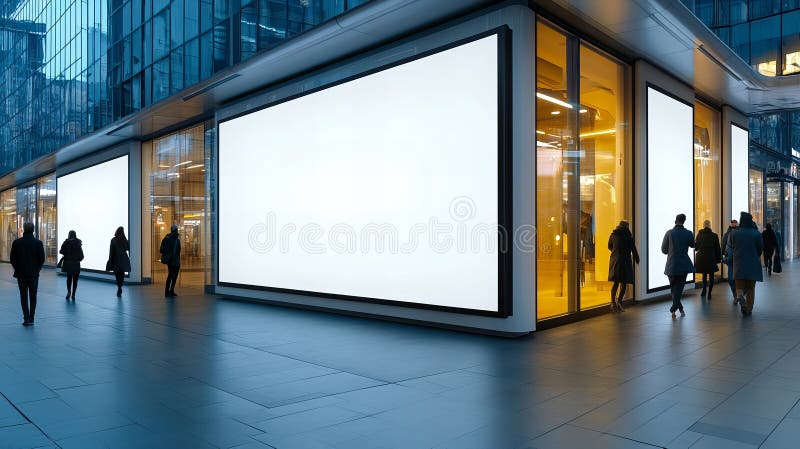 Illuminated Urban Storefront at Night with Diverse Adults Mockup Stock ...