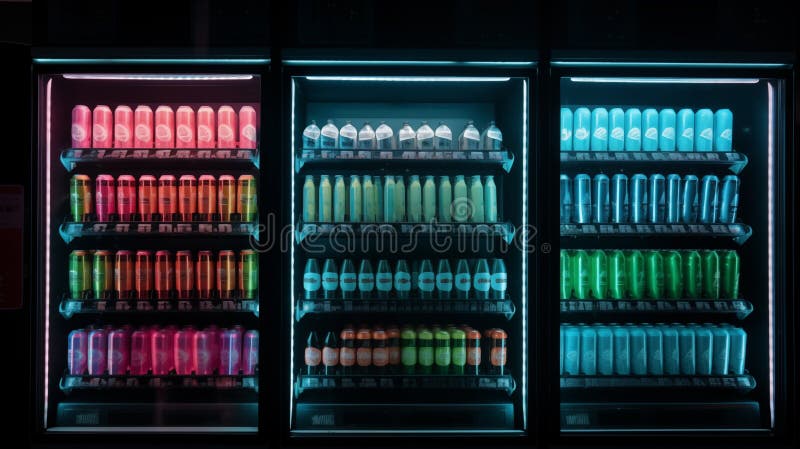 Illuminated Vending Machine Displaying Colorful Drinks in a Dark ...