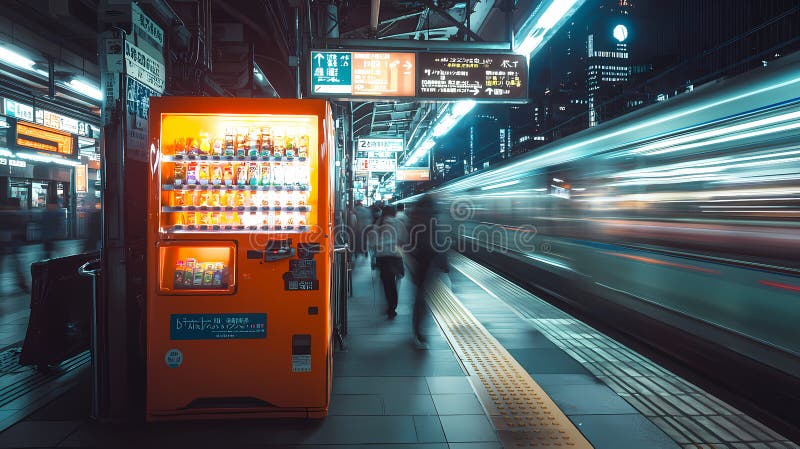 Illuminated Vending Machine on Train Station Platform at Night with ...