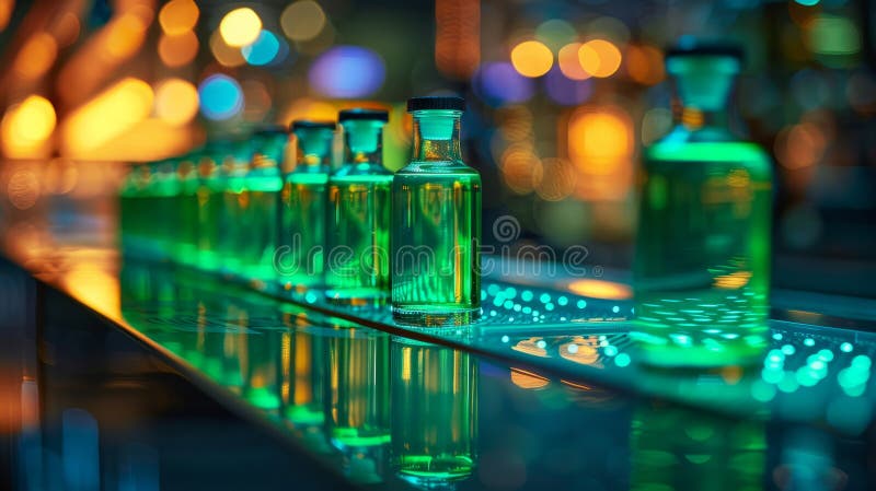Illuminated Vials in a Lab Setting Stock Photo - Image of neon, glass ...