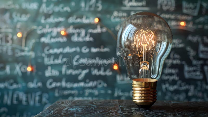 Illuminated Vintage Light Bulb in Front of a Chalkboard Filled with ...