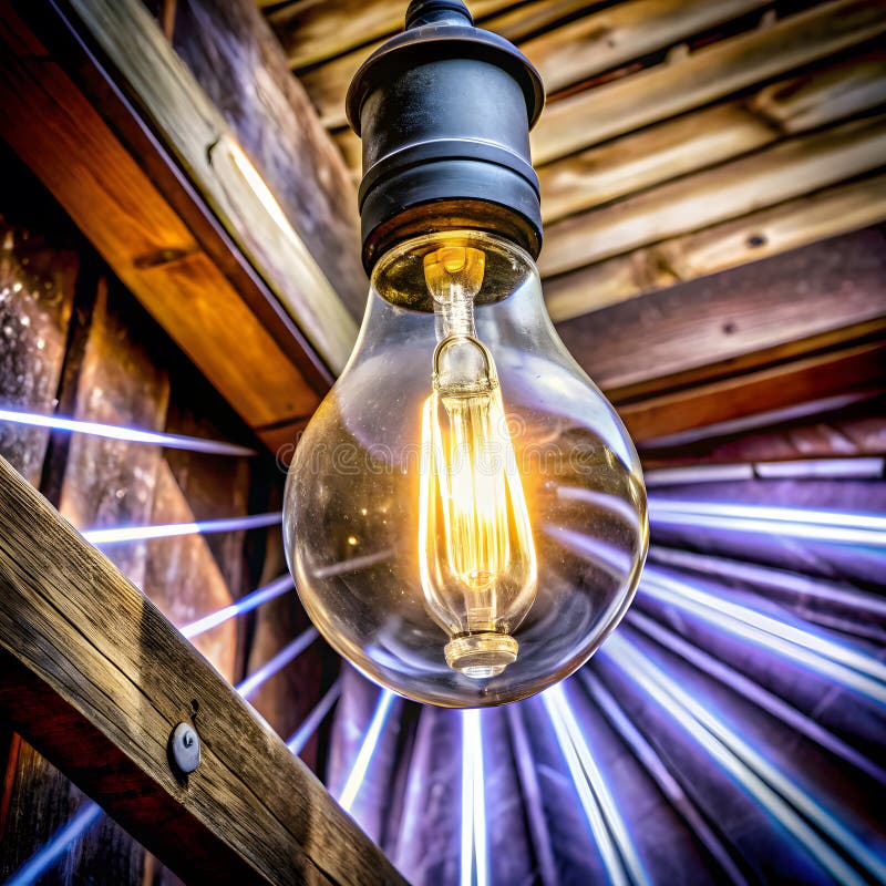 Illuminated Vintage Light Bulb Hanging in a Wooden Frame with Glowing ...