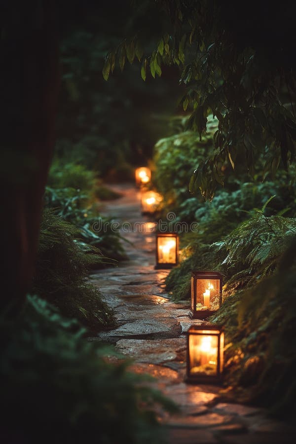 An Illuminated Walkway, Lanterns, a Garden, and a Night-time Setting ...