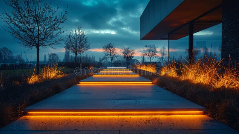 Illuminated Walkway at Night Stock Image - Image of modern, environment ...
