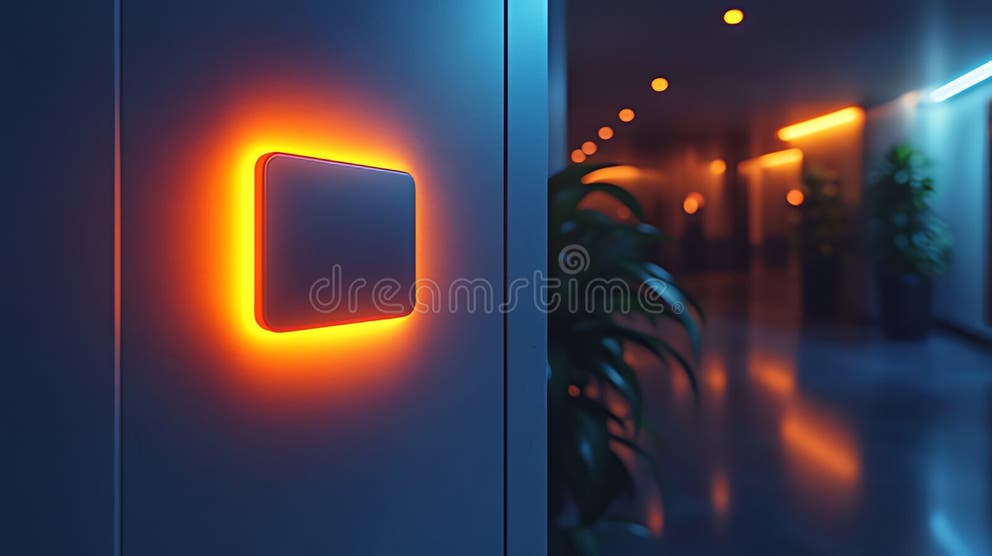Illuminated Wall Panel, Modern Office Hallway, Night, Glowing, Interior ...