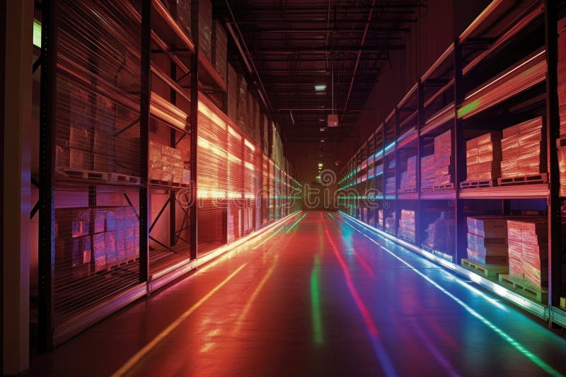 Illuminated Warehouse Aisle with Motion Sensor Lights Stock Illustration - Illustration of ...