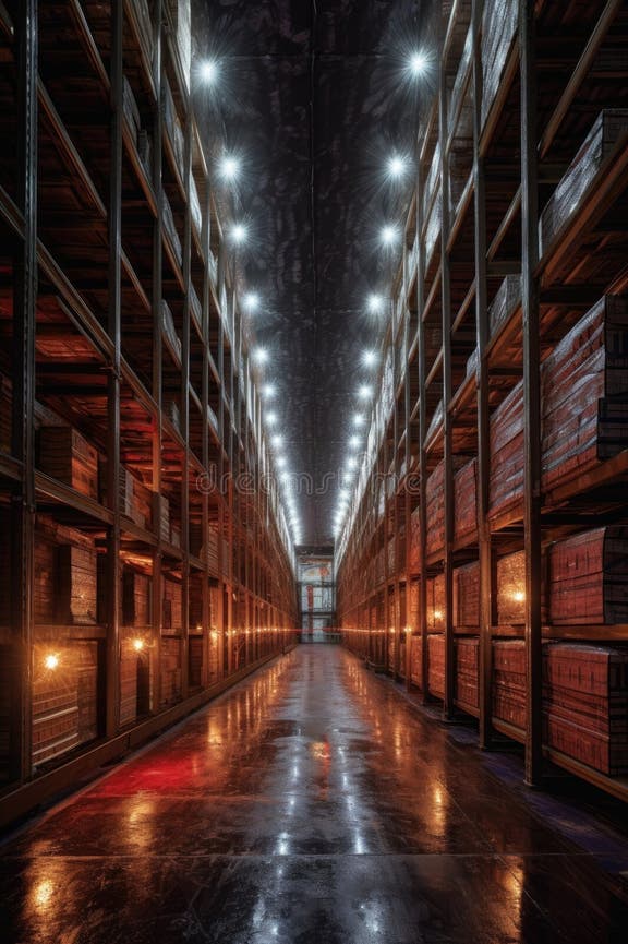 Illuminated Warehouse Aisle with Tall Storage Racks Stock Illustration ...