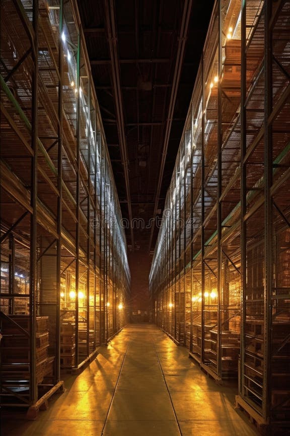 Illuminated Warehouse Aisle with Tall Storage Racks Stock Illustration ...