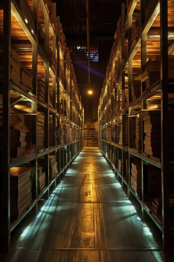 Illuminated Warehouse Aisle with Tall Storage Racks Stock Illustration ...