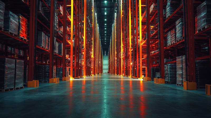Illuminated Warehouse with Endless Rows of Shelves Stock Photo - Image ...