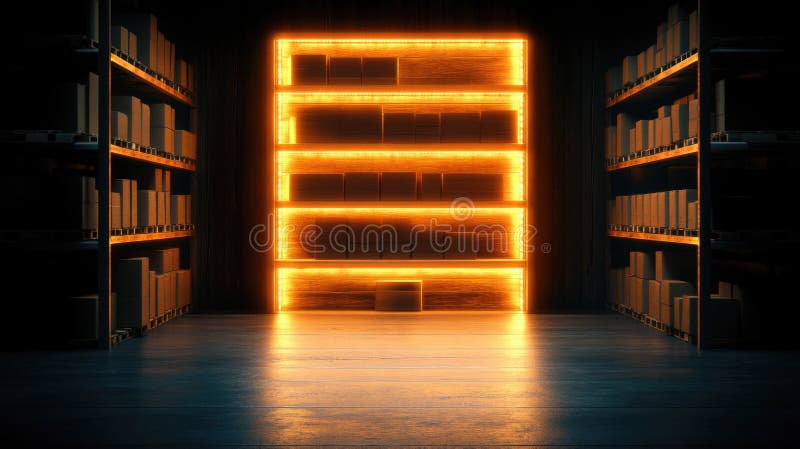 Illuminated Warehouse Shelving with Glowing Neon Light in Dark Storage ...