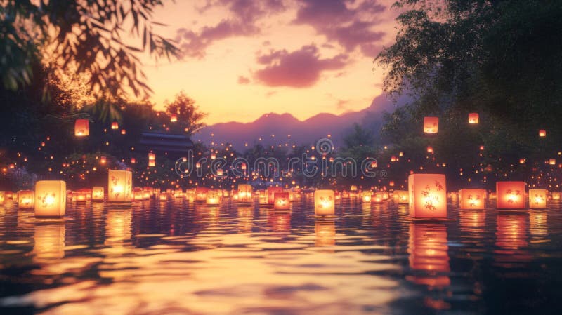 Illuminated Water with Floating Lanterns and a Sunset Sky Stock ...
