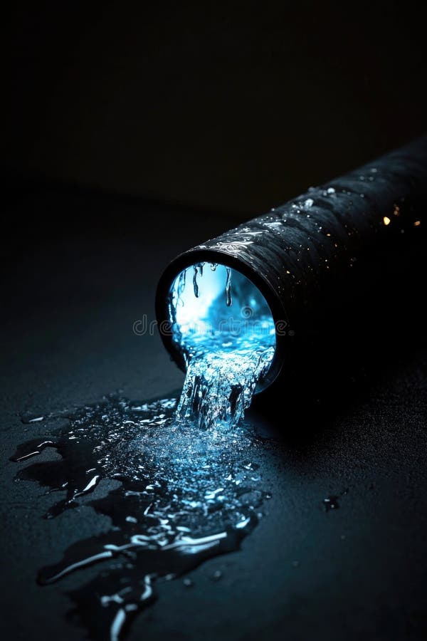 Illuminated Water Flowing from Pipe in Dark Environment Stock Photo ...