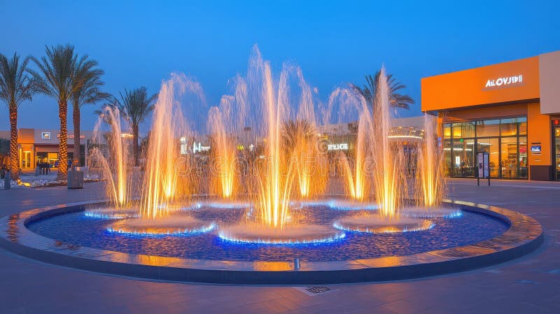 Illuminated Water Fountain at Dusk in a Plaza Setting Stock ...