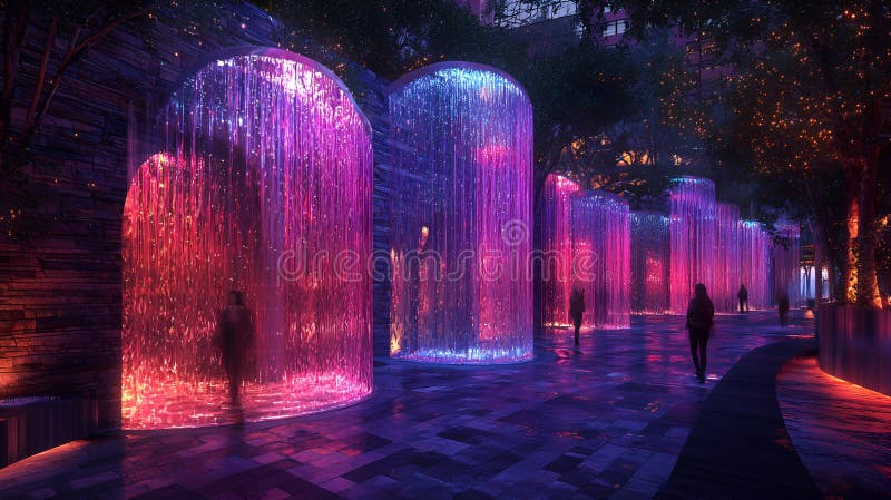 Illuminated Waterfall Walkway at Night, City Park Background, Architectural Design Stock Image ...