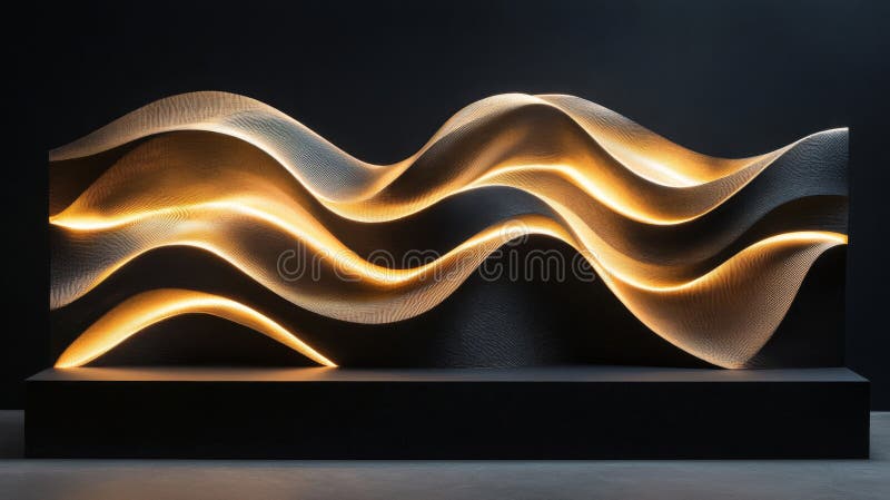 Illuminated Wave Sculpture with Gold and Dark Accents Stock ...