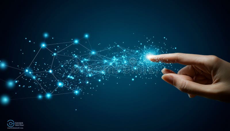 Illuminated Web of Interconnected Points Connecting To Fingertip on ...