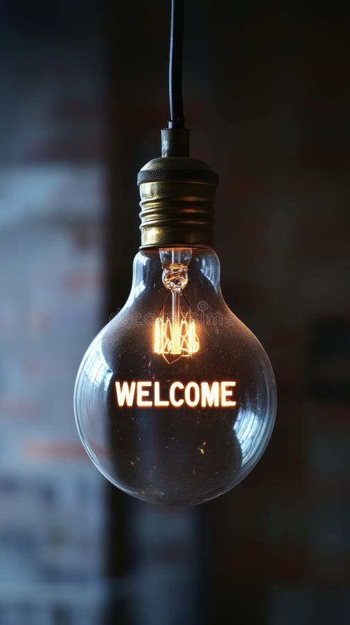 Illuminated Welcome Light Bulb in Dark Background, Hospitality Concept ...
