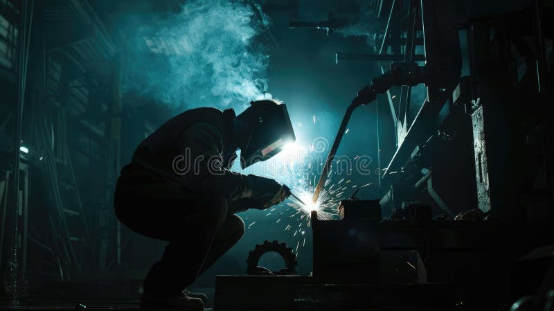 Illuminated Welding Work in Industrial Setting, Skilled Worker Welding ...
