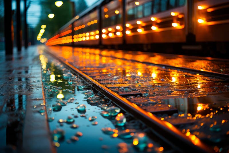 Illuminated Wet Train Station at Twilight. Stock Image - Image of ...