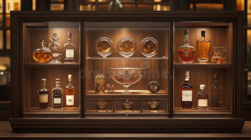 Illuminated Whiskey Collection Display in Dark Wood Cabinet Stock ...