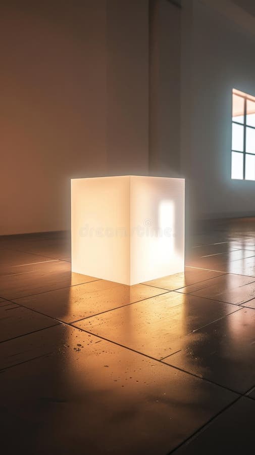 Illuminated White Cube in an Empty Room with Soft Lighting and Shadows ...