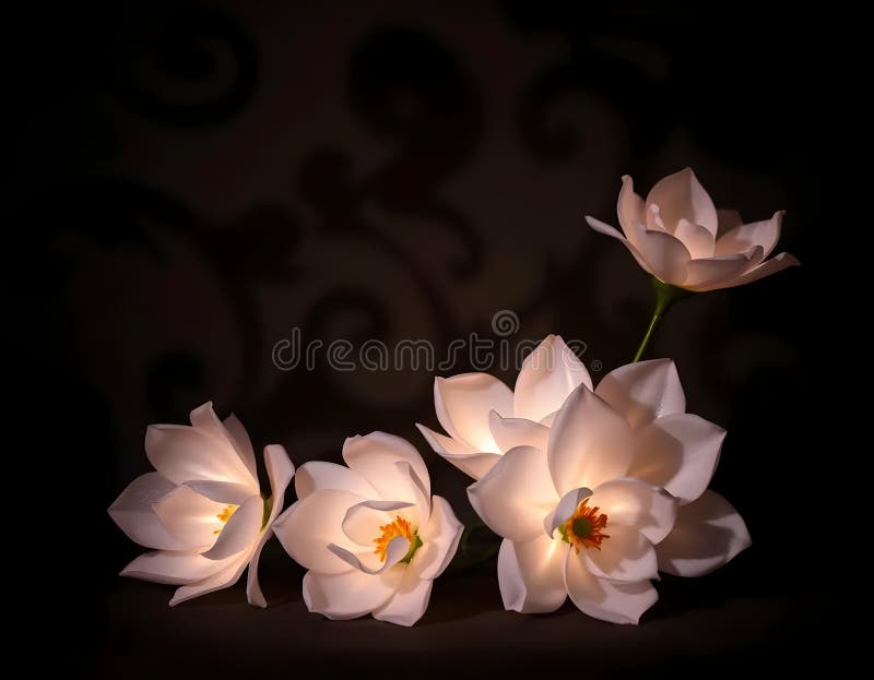 Illuminated White Flowers Display with Detailed Structure and Dark ...