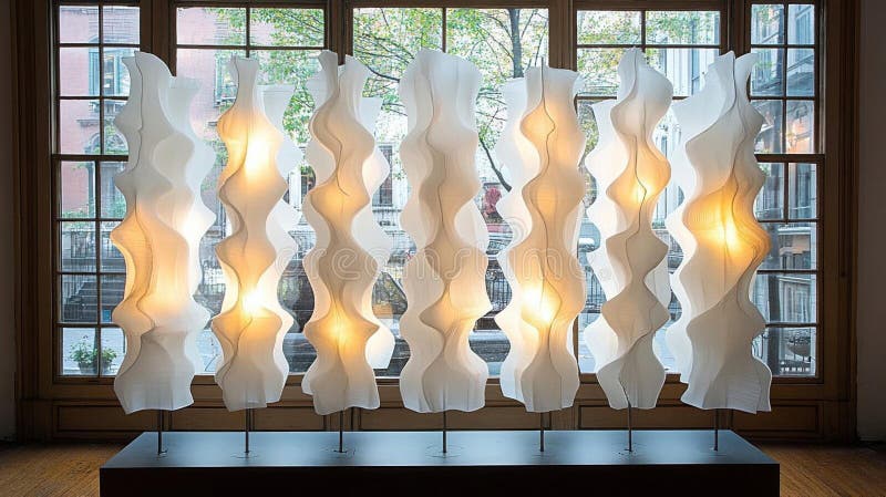 Illuminated White Paper Sculptures, Modern Art Installation Stock ...