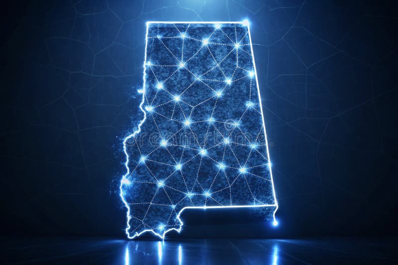 Illuminated White Silhouette of the Alabama State Map on a Dark Blue ...